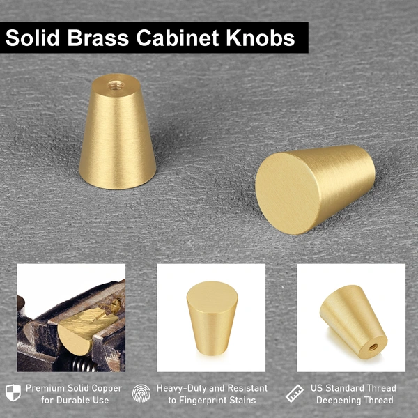 Solid Brass Knobs for Dresser Drawer, Mid Century Gold Cabinet Knobs, 0.8-Inch Diameter, Cone ...