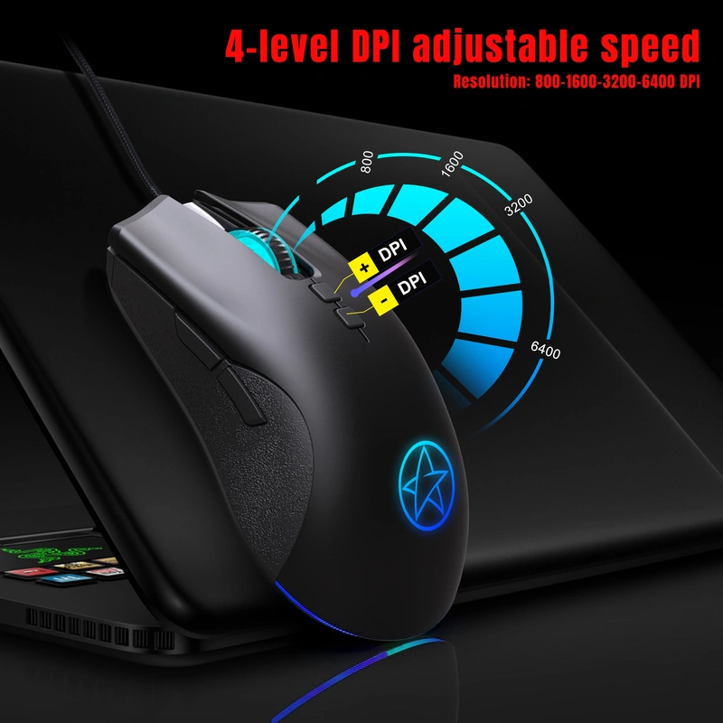 A883 Adjustable 6400DPI Wired Gaming 7 Color Backlit Mouse