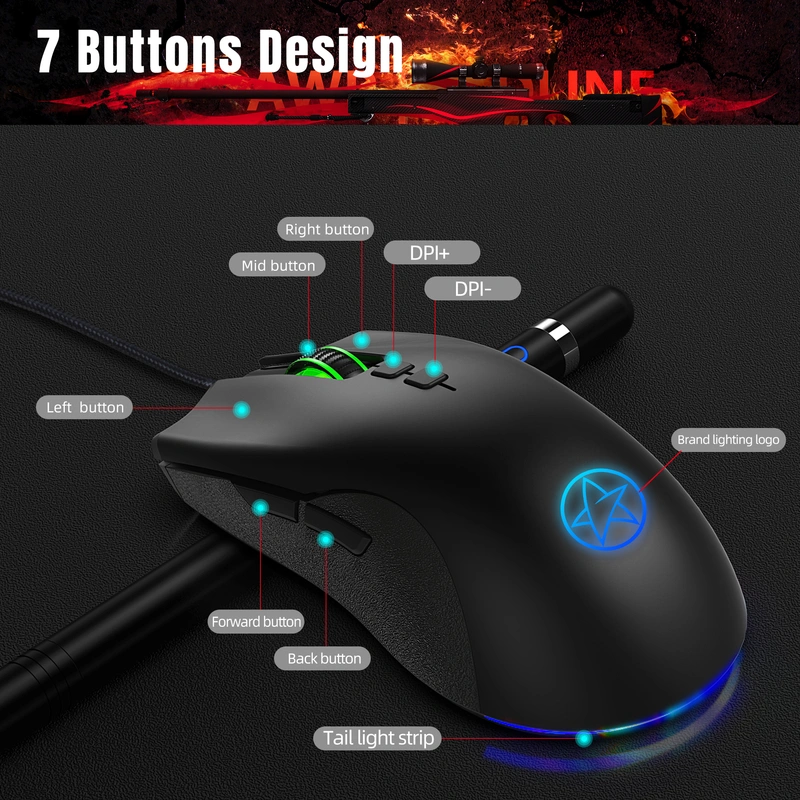 A883 Adjustable 6400DPI Wired Gaming 7 Color Backlit Mouse