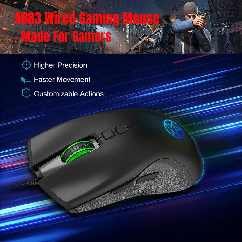 A883 Adjustable 6400DPI Wired Gaming 7 Color Backlit Mouse